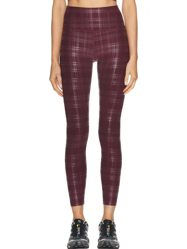 Beyond Yoga High Waisted Midi Legging In Burgundy - Plaid Foil Burgundy
