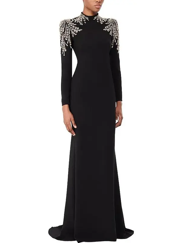 Jenny Packham Embellished-shoulders Mock-neck Maxi Gown - Liquorice