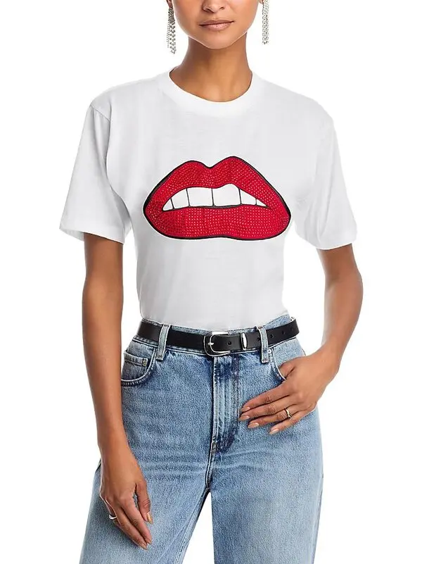 Aqua Embellished Lips T-shirt - White