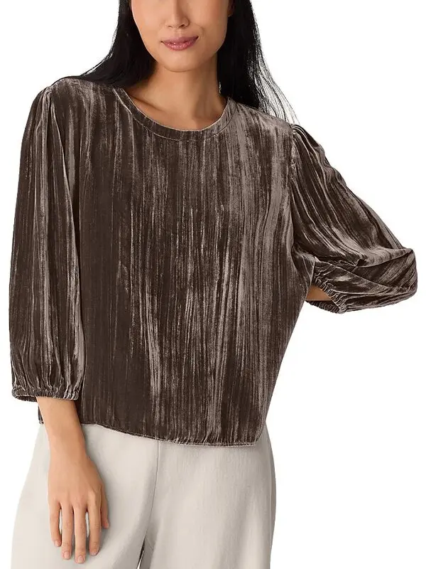 Eileen Fisher Crushed Velvet Bubble Sleeve Top - Rye
