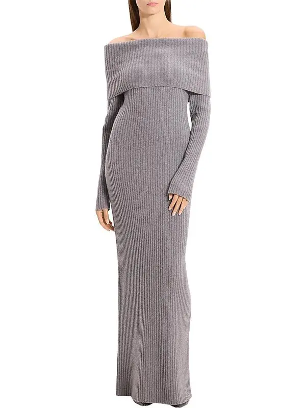 Theory Off-the-shoulder Wool And Cashmere Dress - Grey Heather