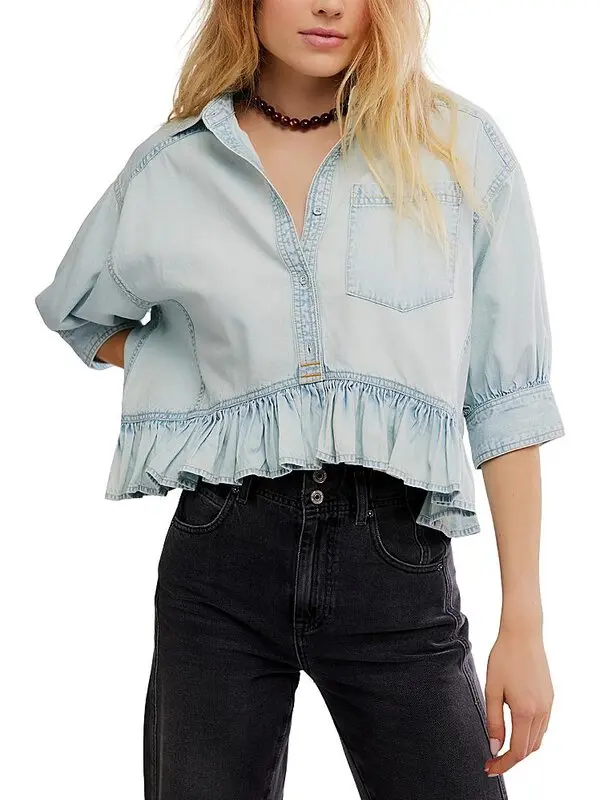 Free People Bailey Ruffled Denim Shirt - Light Tint