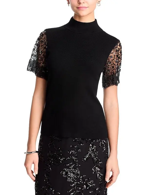 T Tahari Sequin & Beaded Flutter Sleeve Mock Neck Sweater - Black/ Black