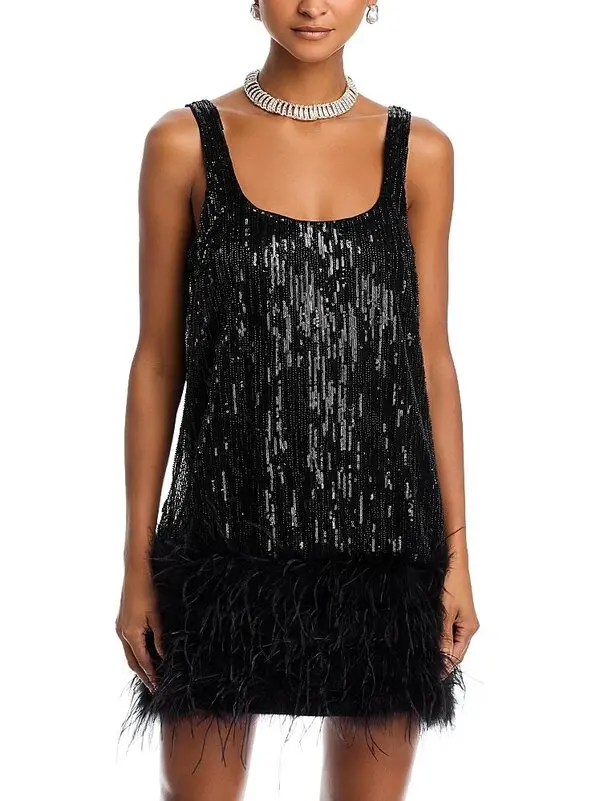 Aqua Ostrich Feather Sequin Mini Dress - Black