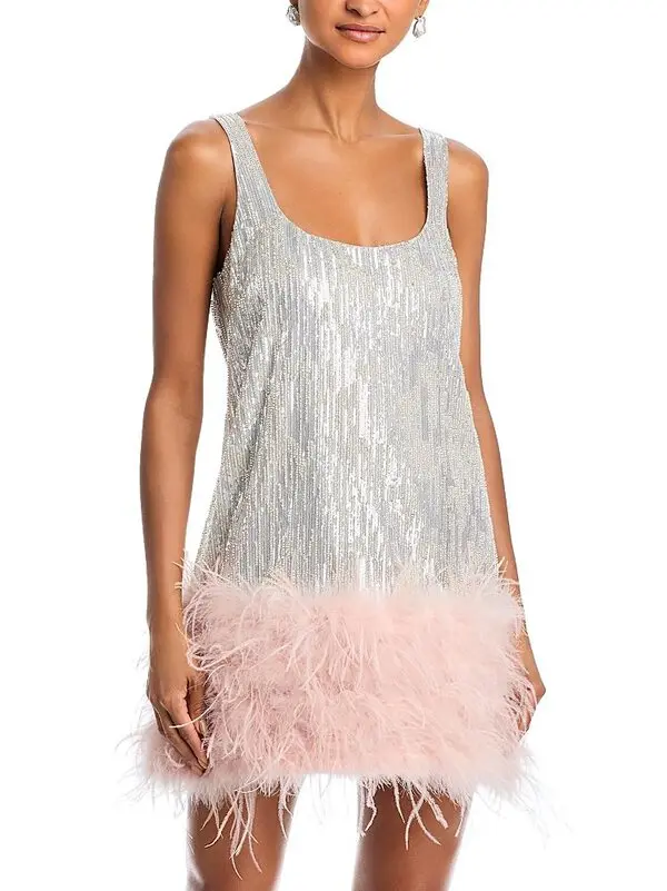 Aqua Ostrich Feather Sequin Mini Dress - Silver