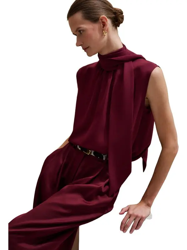 ME+EM Sleeveless Silk Top With Scarf - Deep Ruby Red