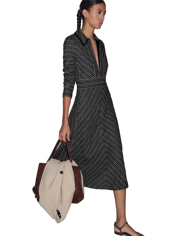 ME+EM Striped Tweed Midi Shirt Dress - Black Multi