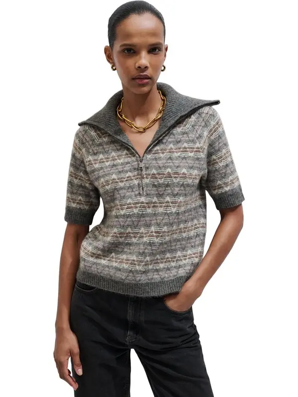 ME+EM Jacquard Knit Half Zip Tee - Grey Multi