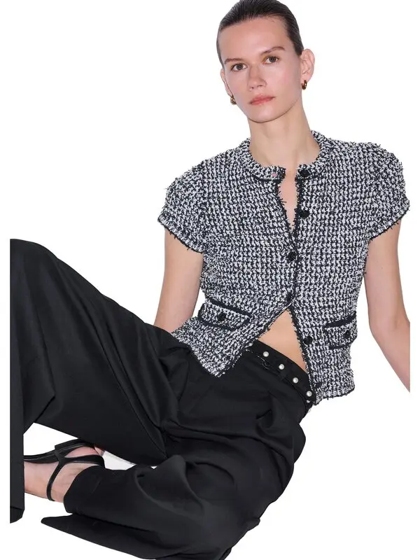 ME+EM Tweed Knit Crop Jacket With Pouf Sleeves - Black/white