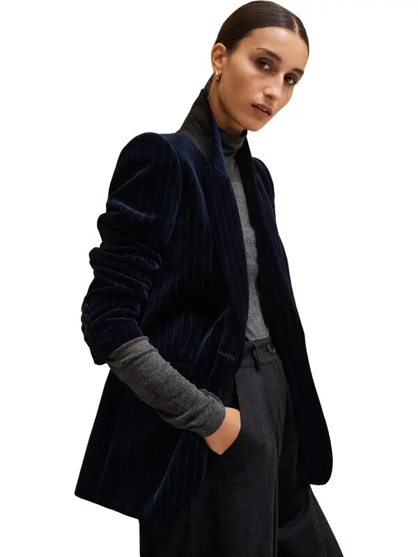 ME+EM Pinstripe Velvet Blazer - Navy