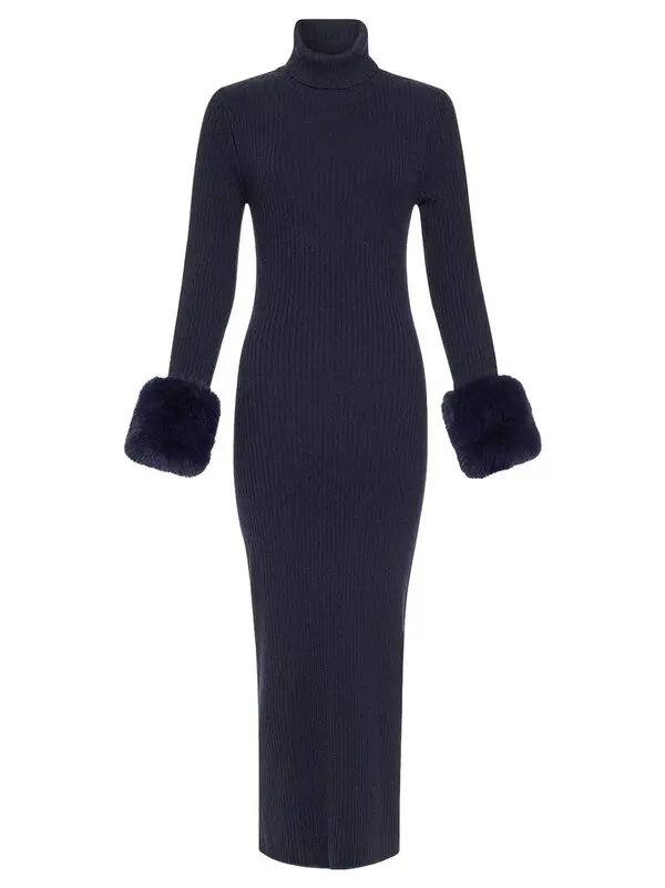 Ramy Brook Linda Ribbed Turtleneck Dress With Faux Fur Trim - Navy