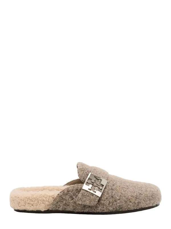 Tory Burch Wool And Faux Shearling Mules With Logo Buckle - Fog Gray /