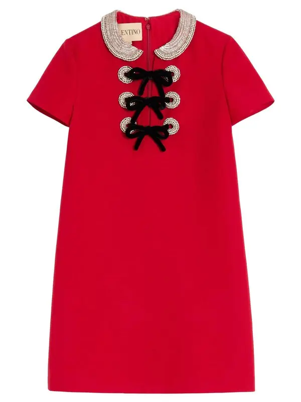 Valentino Garavani Wool-silk Mini Dress With Velvet Bows - Red