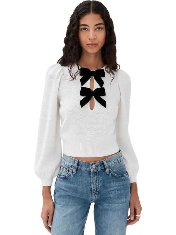 Alice + Olivia Doris Pointelle Pullover - Soft White/black