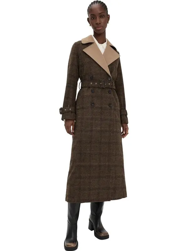 Avec Les Filles Double Layered Trench Coat - Brown Plaid Multi