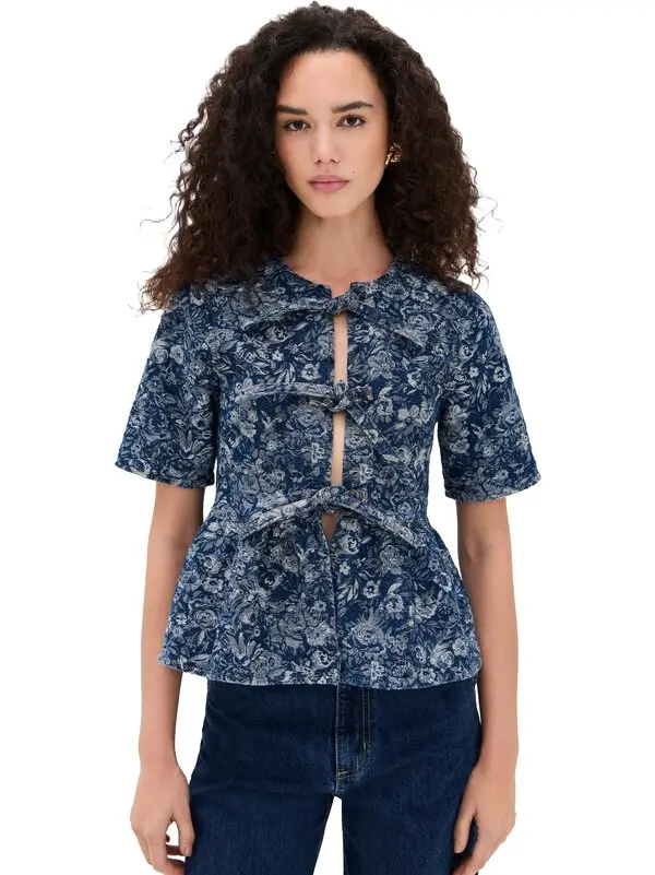 GANNI Tapestry Denim Peplum Blouse - Mid Blue Stone
