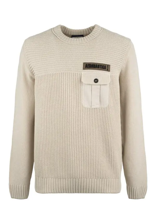 AERONAUTICA MILITARE Chenille Crewneck Sweater With Pocket - White