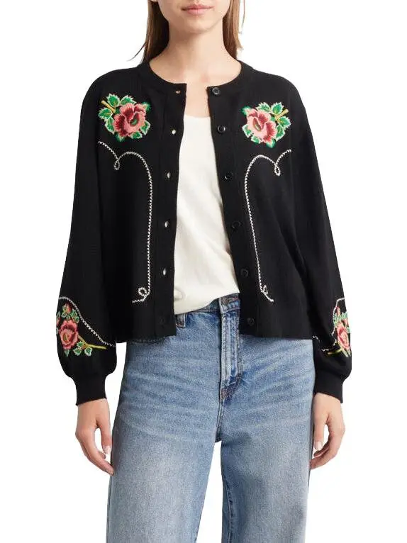 The Great. Heirloom Rose Cotton & Wool Cardigan - Black