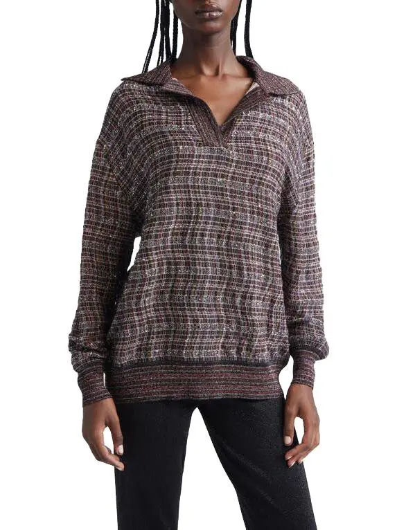 Missoni Sequin Embellished Wool Blend Polo Sweater - Pink And Brown Tones