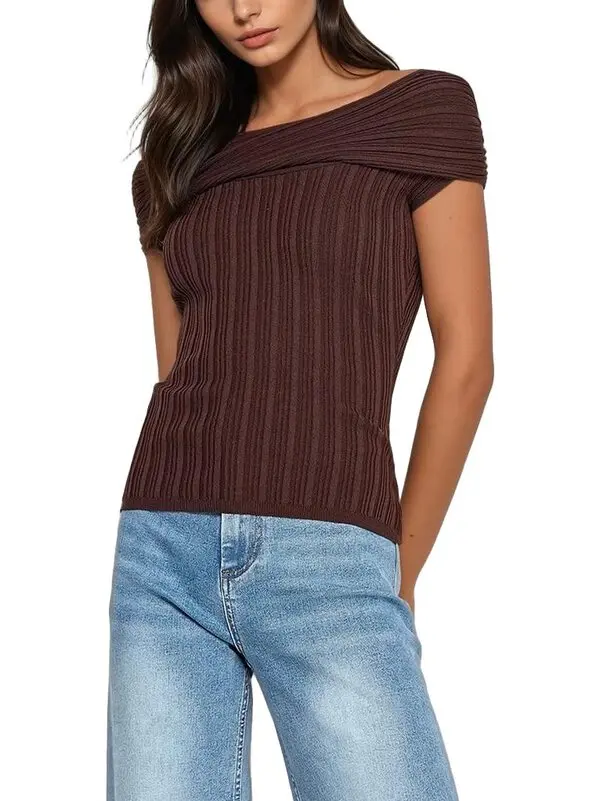 SISTERLY Amélie Off-shoulder Ribbed Contour Top - Brown