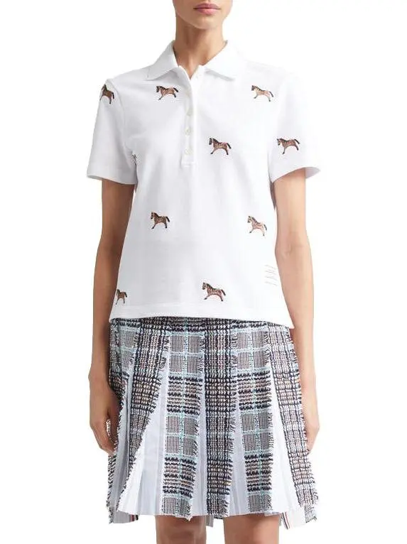 Thom Browne Horse Embroidered Short Sleeve Polo - White