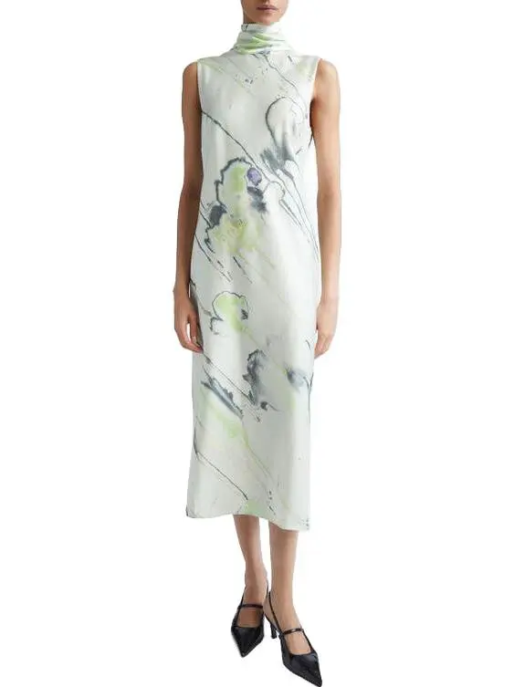 JASON WU Watercolor Floral Satin Midi Dress - Light Jade Multi