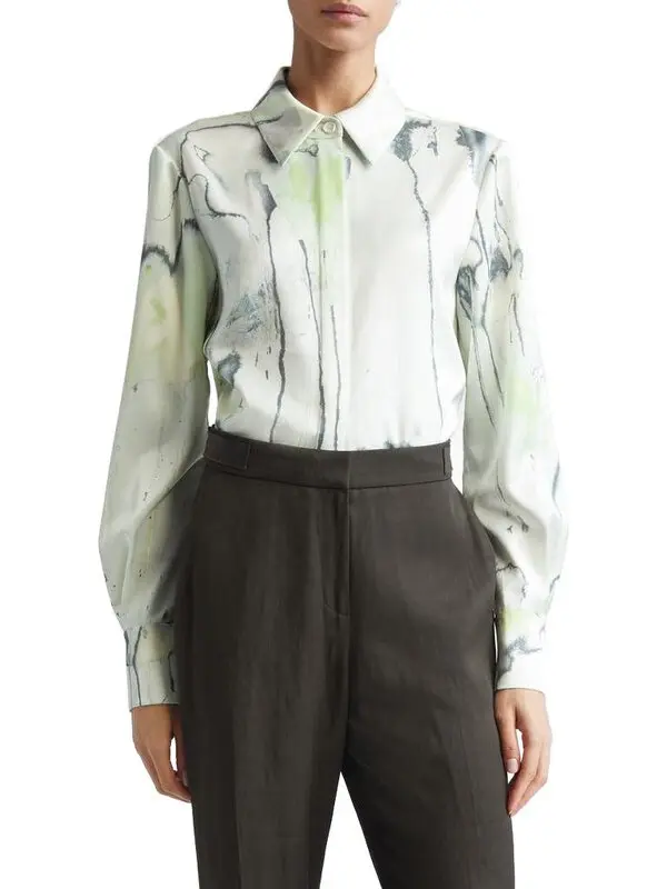 JASON WU Watercolor Floral Silk Twill Button-up Shirt - Light Jade Multi