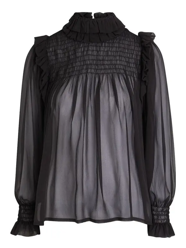 Saint Laurent Ruffled Sheer Silk Blouse - Black