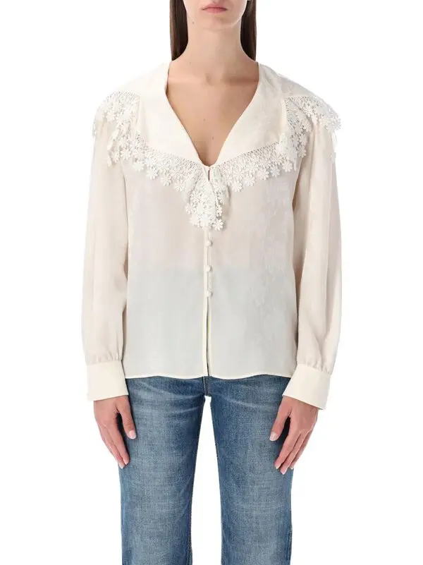 Chloé Floral Lace-trim Jacquard Silk Blouse - Iconc Milk