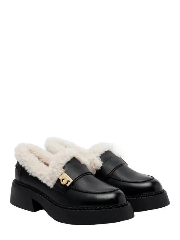 FERRAGAMO Caminia Shearling-trimmed Leather Loafers - Black