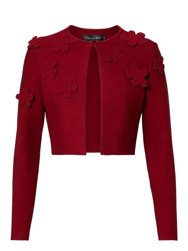Oscar De La Renta Floral Cropped Cardigan - Burgundy