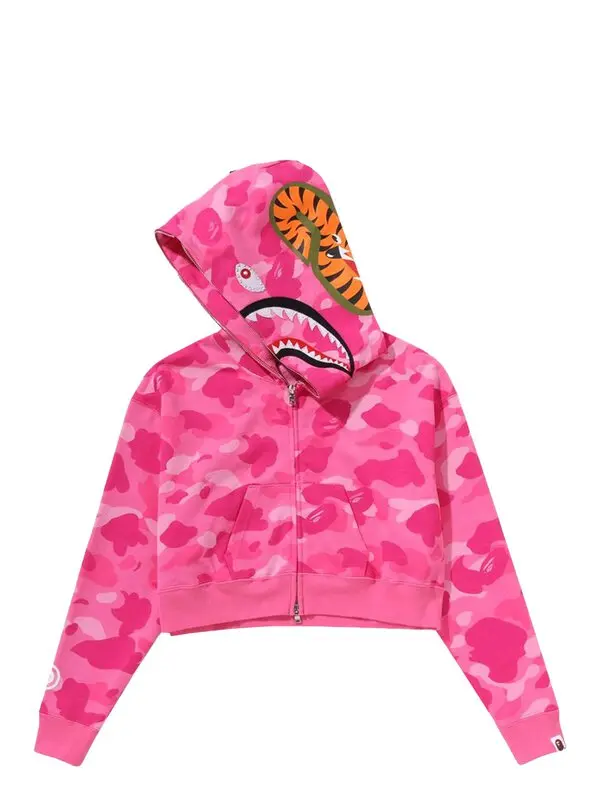 A BATHING APE Color Camo Crystal Stone Shark Cropped Full Zip Hoodie - Pink