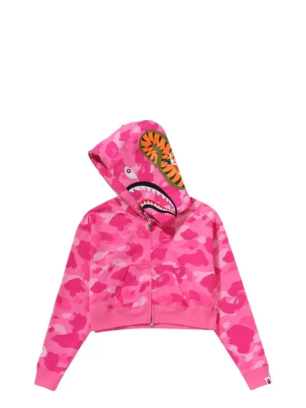 A BATHING APE Color Camo Crystal Stone Shark Cropped Full Zip Hoodie - Pink