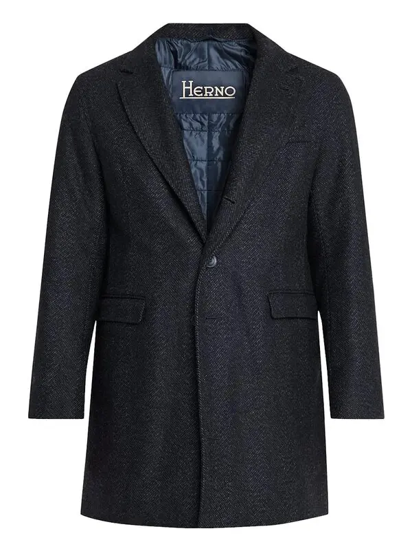 Herno Wool-blend Herringbone Top Coat - Blue Navy