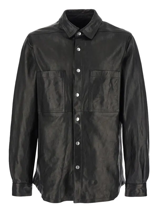 Rick Owens Leather Jacket With Classic Collar - Black