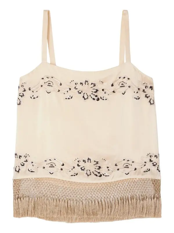 BODE Phantasm Fringed Embroidered Silk-satin Camisole - Neutrals