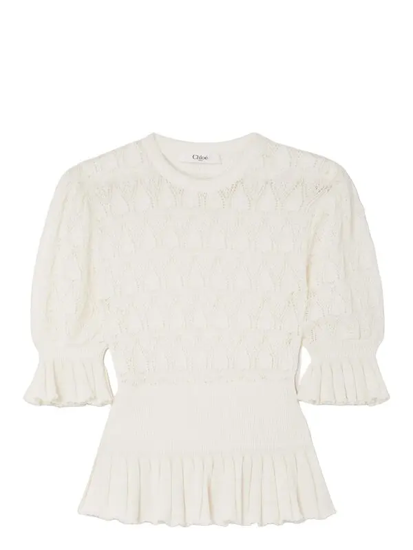 Chloé Pointelle-knit Wool-blend Peplum Sweater - Cream