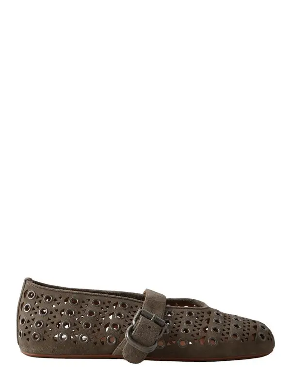Alaïa Eyelet-embellished Perforated Suede Ballet Flats - Gray