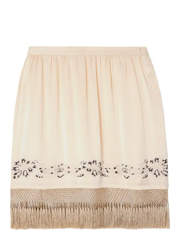 BODE Phantasm Fringed Embroidered Silk-satin Mini Skirt - Ecru