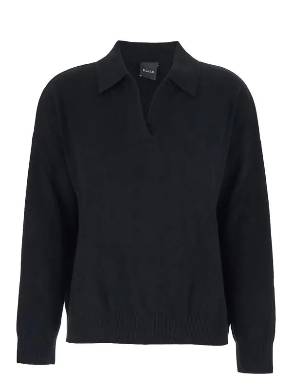 PLAIN Cashmere Polo Collar V-neck Sweater - Black