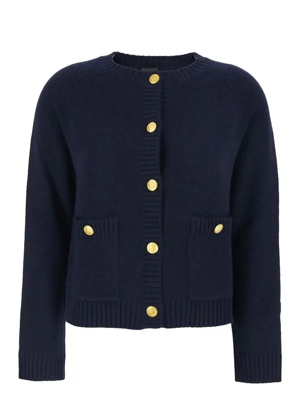 PLAIN Wool Crewneck Cardigan With Jewel Buttons - Blue