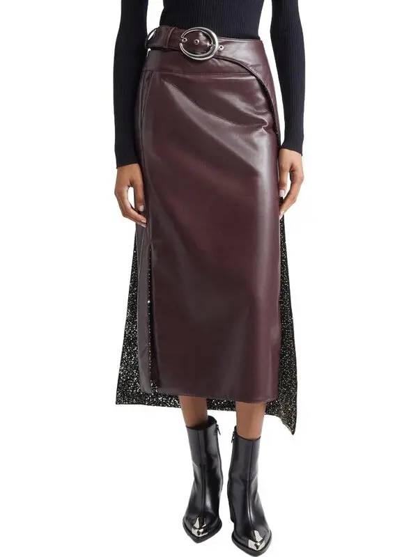 Rabanne Faux Leather Beaded Layered Skirt - Brown Plum