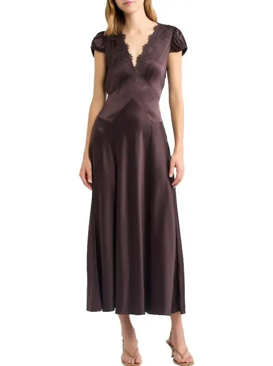 DÔEN Floral Satin Maxi Dress With Lace Detail - Equestrian Brown
