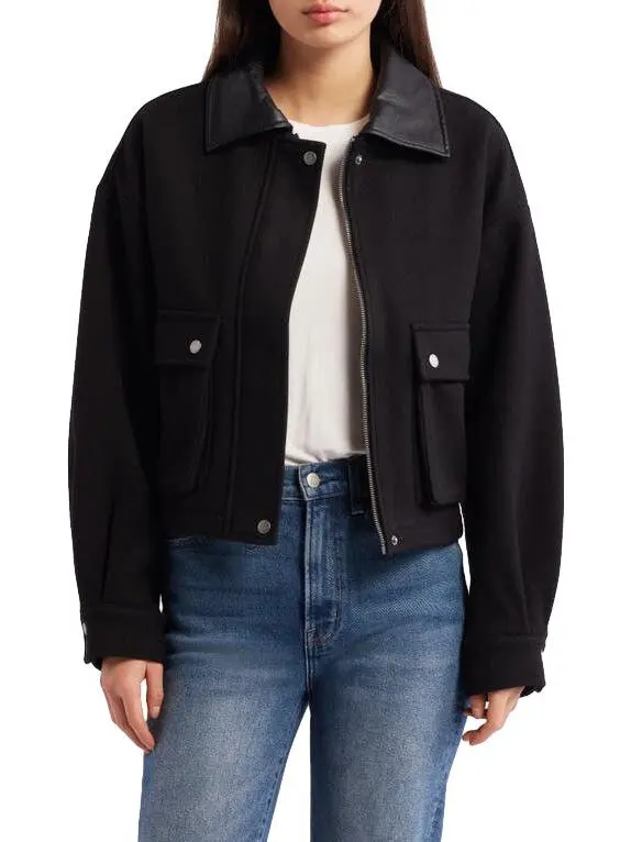 Lucky Brand Faux Leather Collar Crop Bomber Jacket - Black
