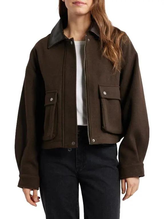 Lucky Brand Faux Leather Collar Crop Bomber Jacket - Espresso