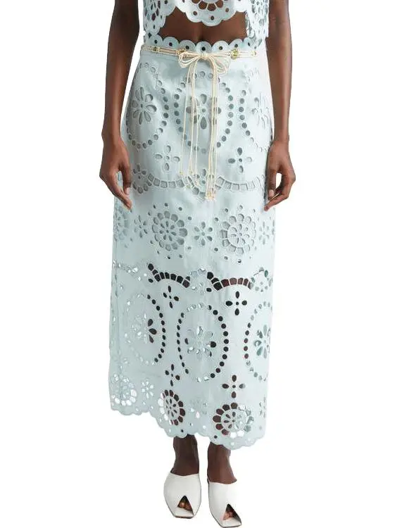 Zimmermann Awaken Broderie Anglaise Linen Midi Skirt - Mint