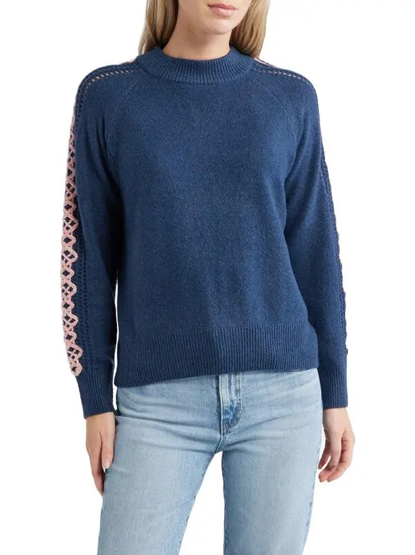 CITY BLUES Embroidered Sleeve Mock Neck Sweater - Cadet Blue