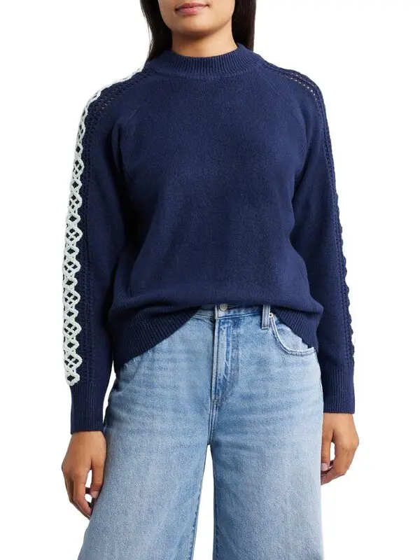 CITY BLUES Embroidered Sleeve Mock Neck Sweater - Midnight