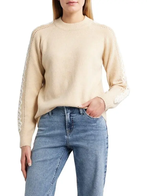 CITY BLUES Embroidered Sleeve Mock Neck Sweater - Oatmeal