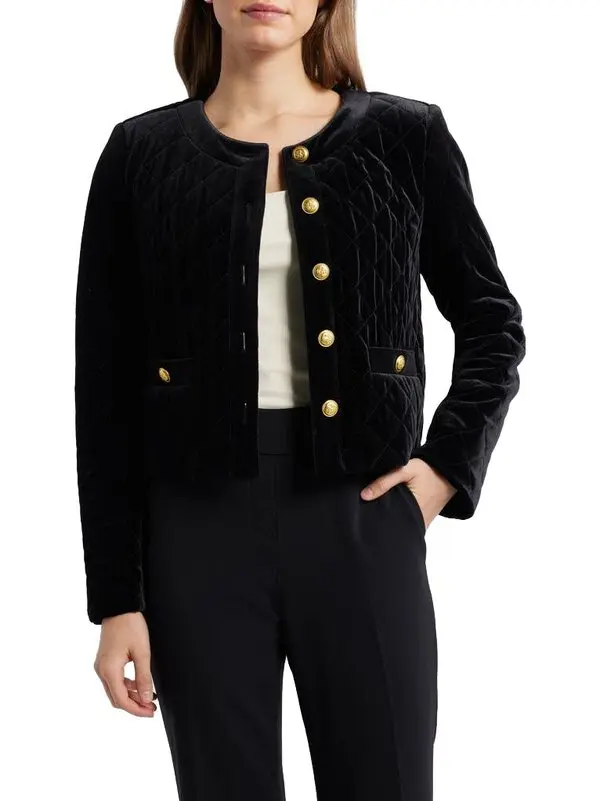 TAHARI ASL Quilted Velvet Crop Jacket - Black